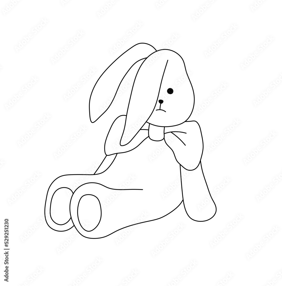 Vector isolated cute cartoon sitting sad bunny rabbit toy colorless ...