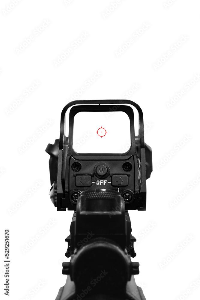 POV reflex red dot aim mounted on assault rifle weapon transparent ...