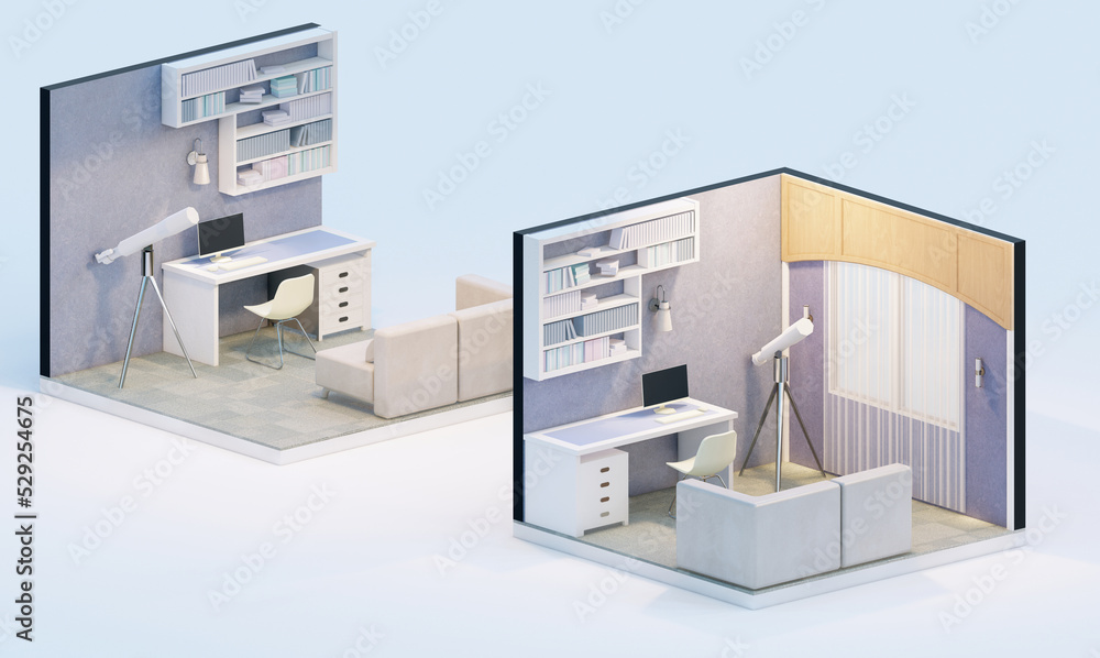 Isometric view of a interior design of study room Orthographic view 3d ...