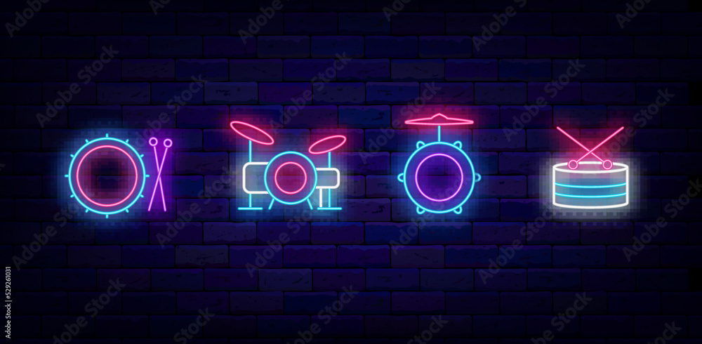 Drum and drumsticks neon signs collection. Drum school logotypes pack ...