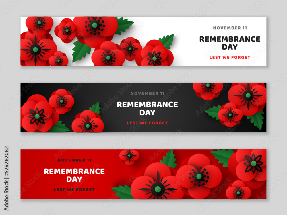 Remembrance Day horizontal banner set. Memorial Anzac card flyer ...