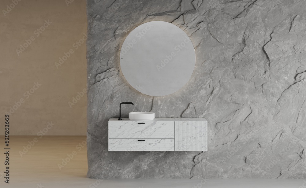 Washbasin in marble texture with cabinet and large round mirror with ...