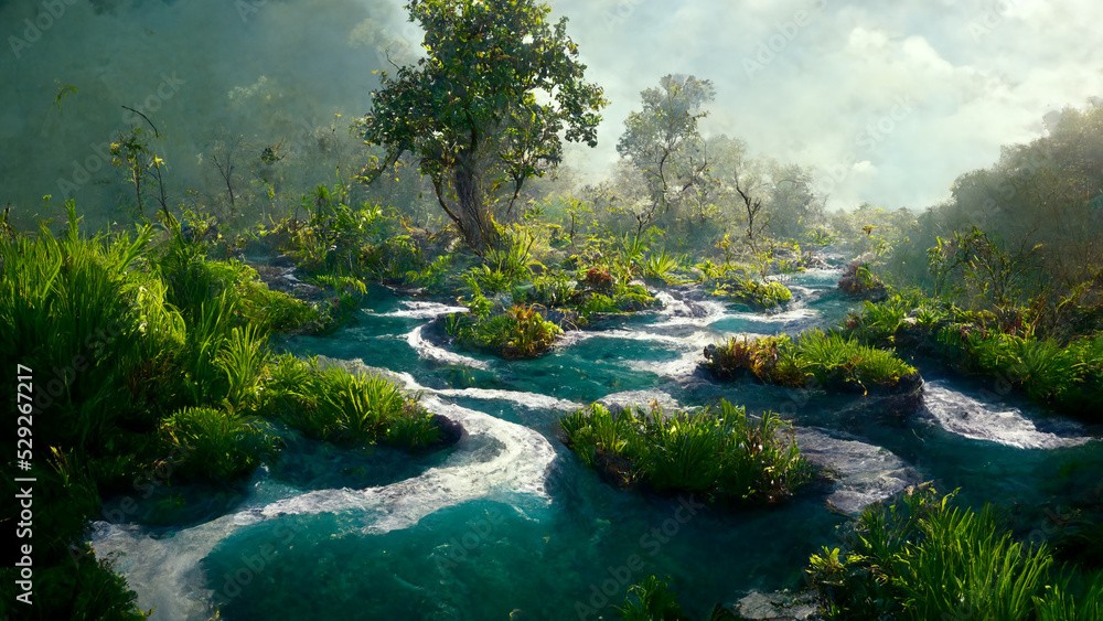 Concept art illustration of beautiful fantasy river landscape Stock ...