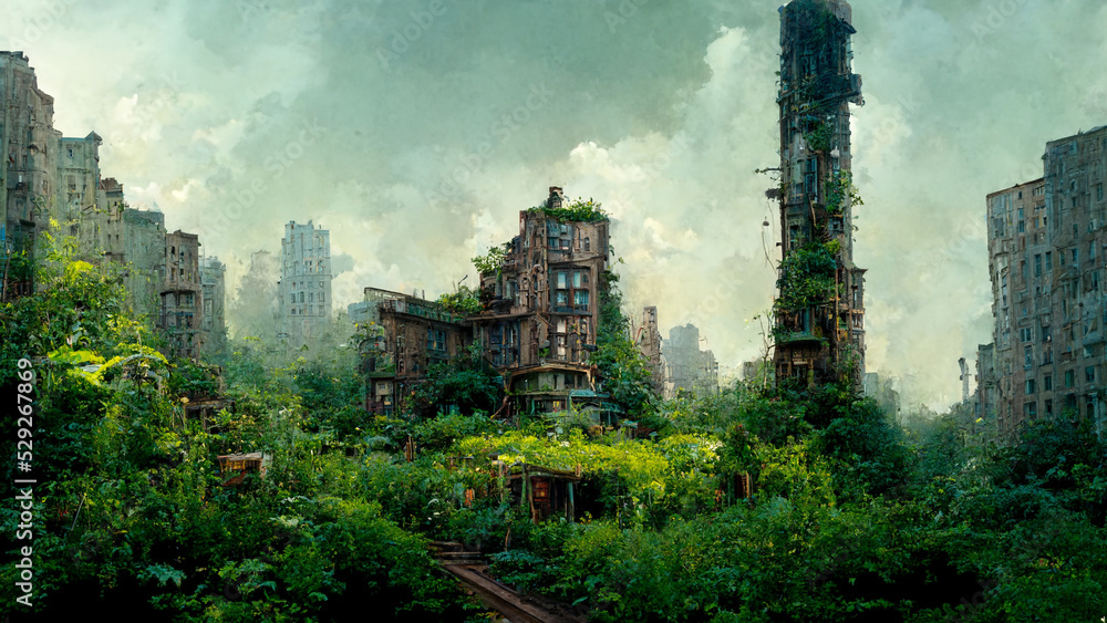 Concept art illustration of abandoned postapocalyptic city overgrown ...