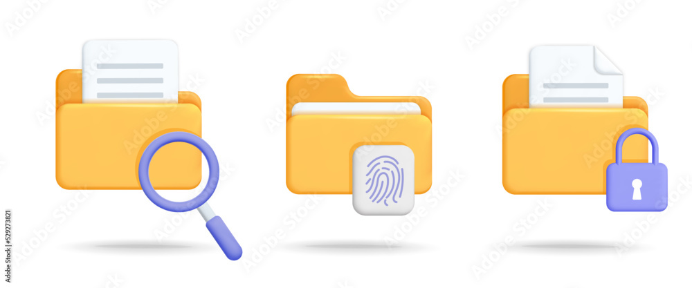 Set of safety computer file folder symbols with documents design. Folder with search icon ...