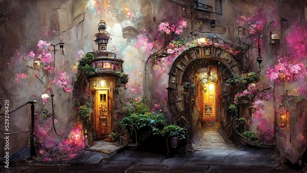 City street with magic doors. Fantasy art painting, digital art ...