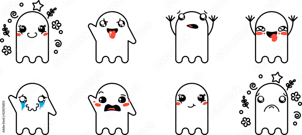 Set of Various Cartoon Ghosts with Emoticons. Doodle ghouls, eyes and ...