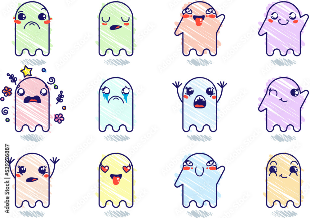Set of Various Cartoon Ghosts with Emoticons. Doodle ghouls, eyes and ...