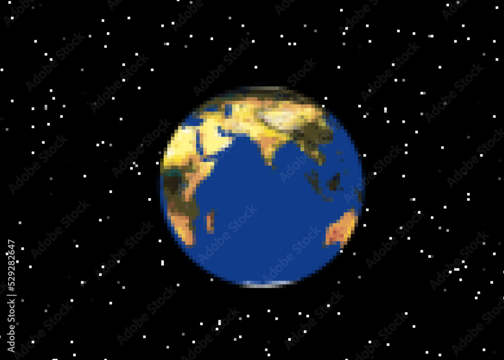 8-bit pixel art style illustration: planet Earth in space, with the ...