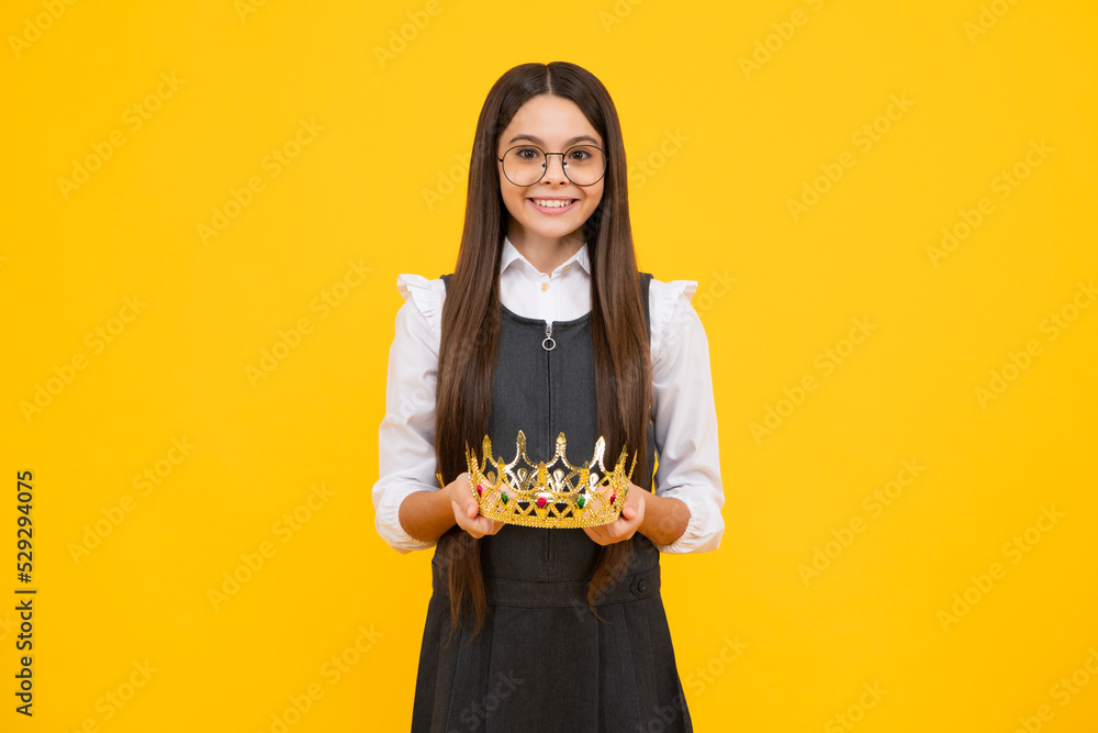Beauty teen girl queen wear crown. Child in princess diadem. Happy girl ...
