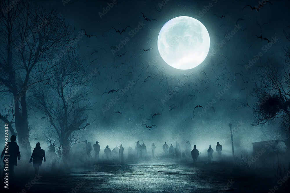 Spooky Halloween night, full moon and clouds, dramatic night sky ...