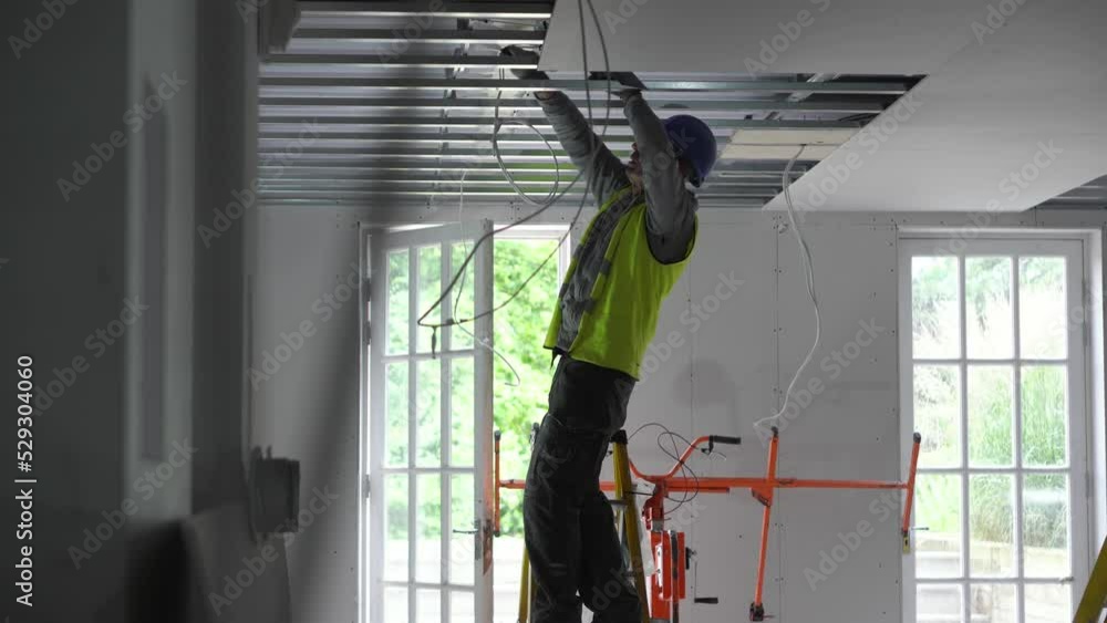 Hard male work on construction site. Two professional workers in ...