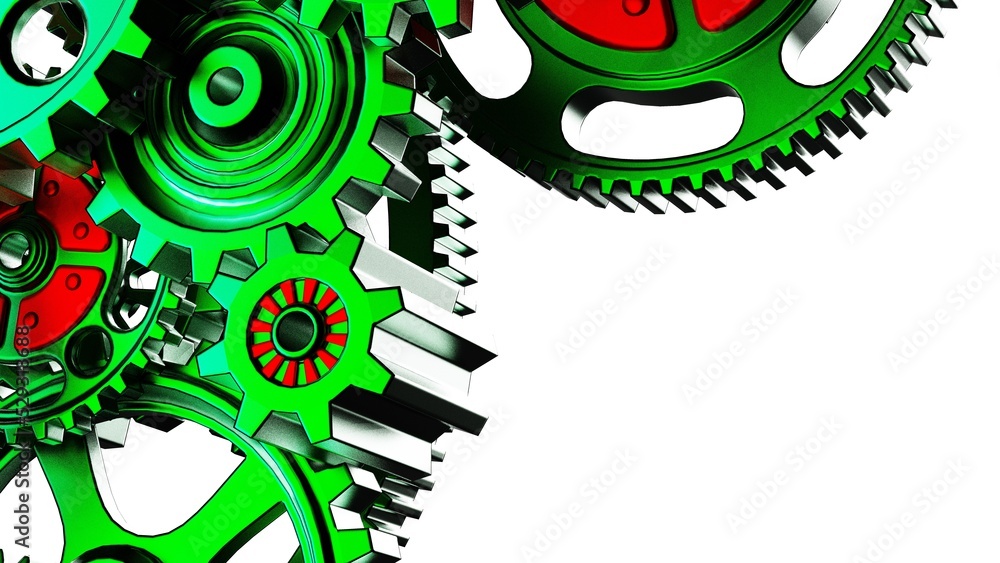 Mechanism green metallic gears and cogs at work under white spot ...