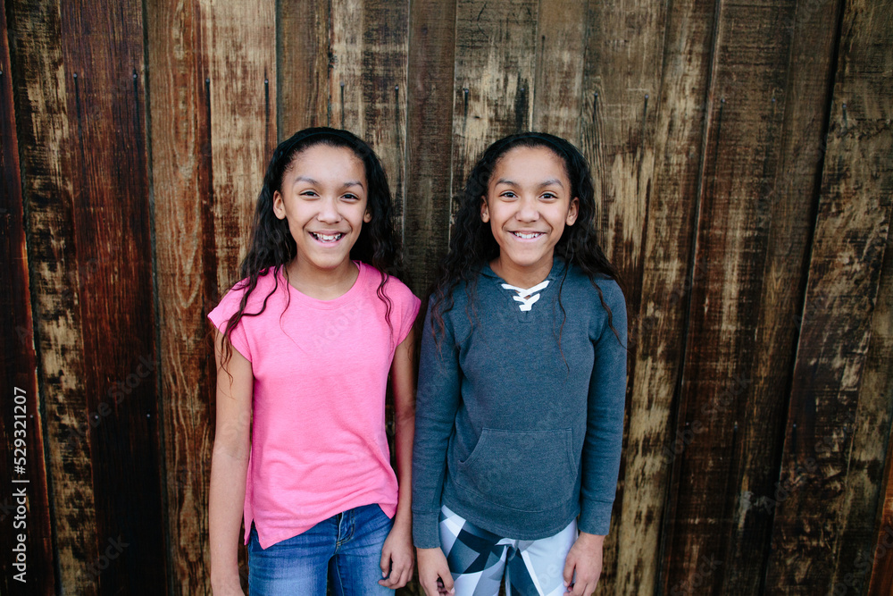 Twin sisters pose for a portrait in front of wooden background Stock ...