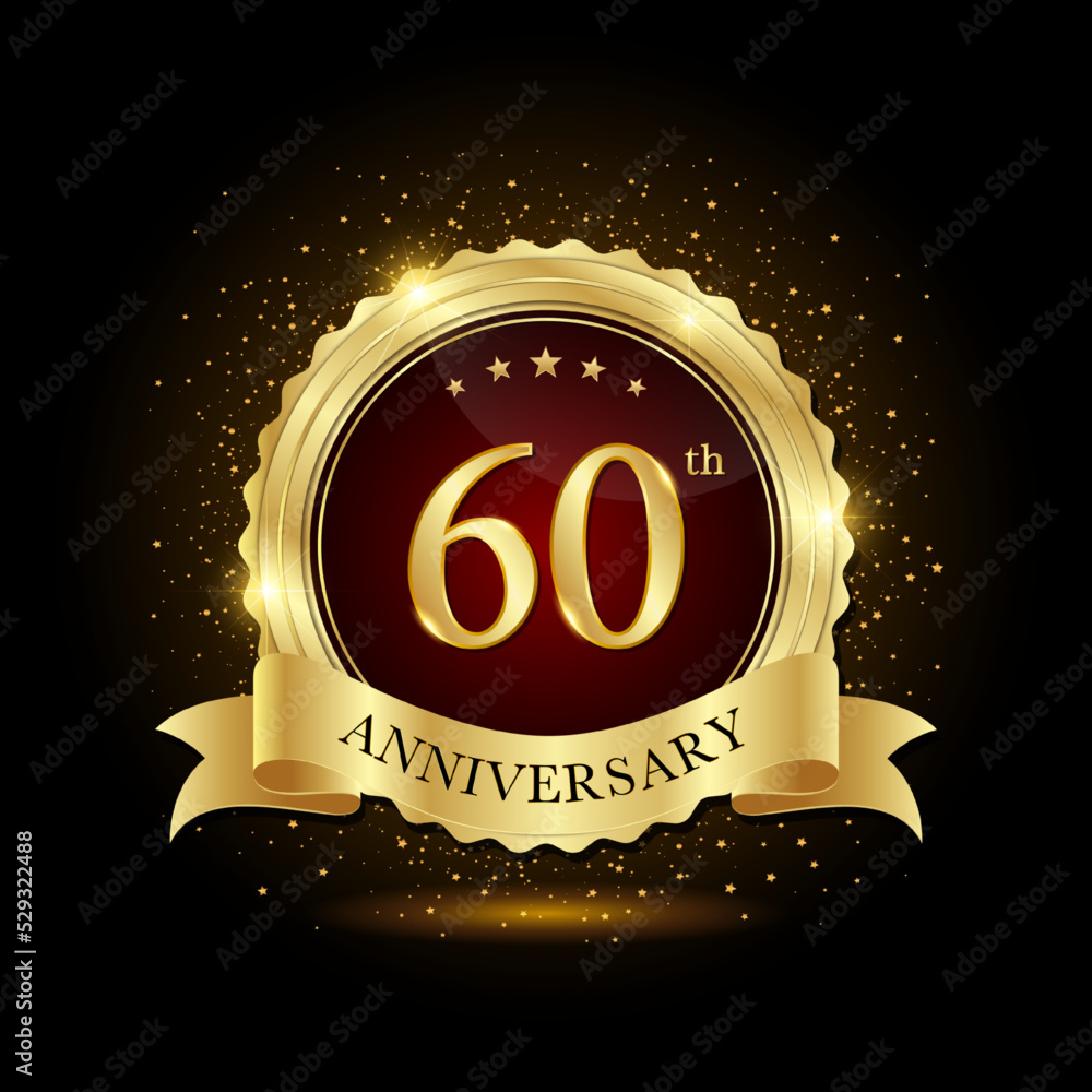 60th golden anniversary logo, with shiny ring and golg ribbon, isolated ...