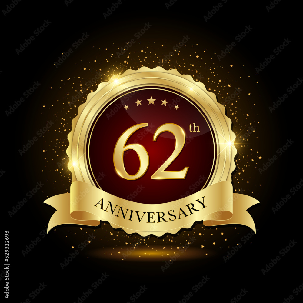 62th golden anniversary logo, with shiny ring and golg ribbon, isolated ...