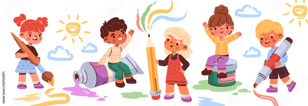 Children draw big art. Funny happy group of boys and girls with pencils ...