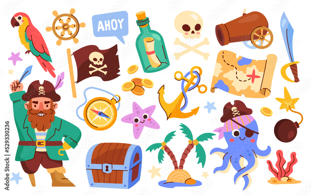 Kids pirates vector set. Parrot, pirate captain with wooden leg ...