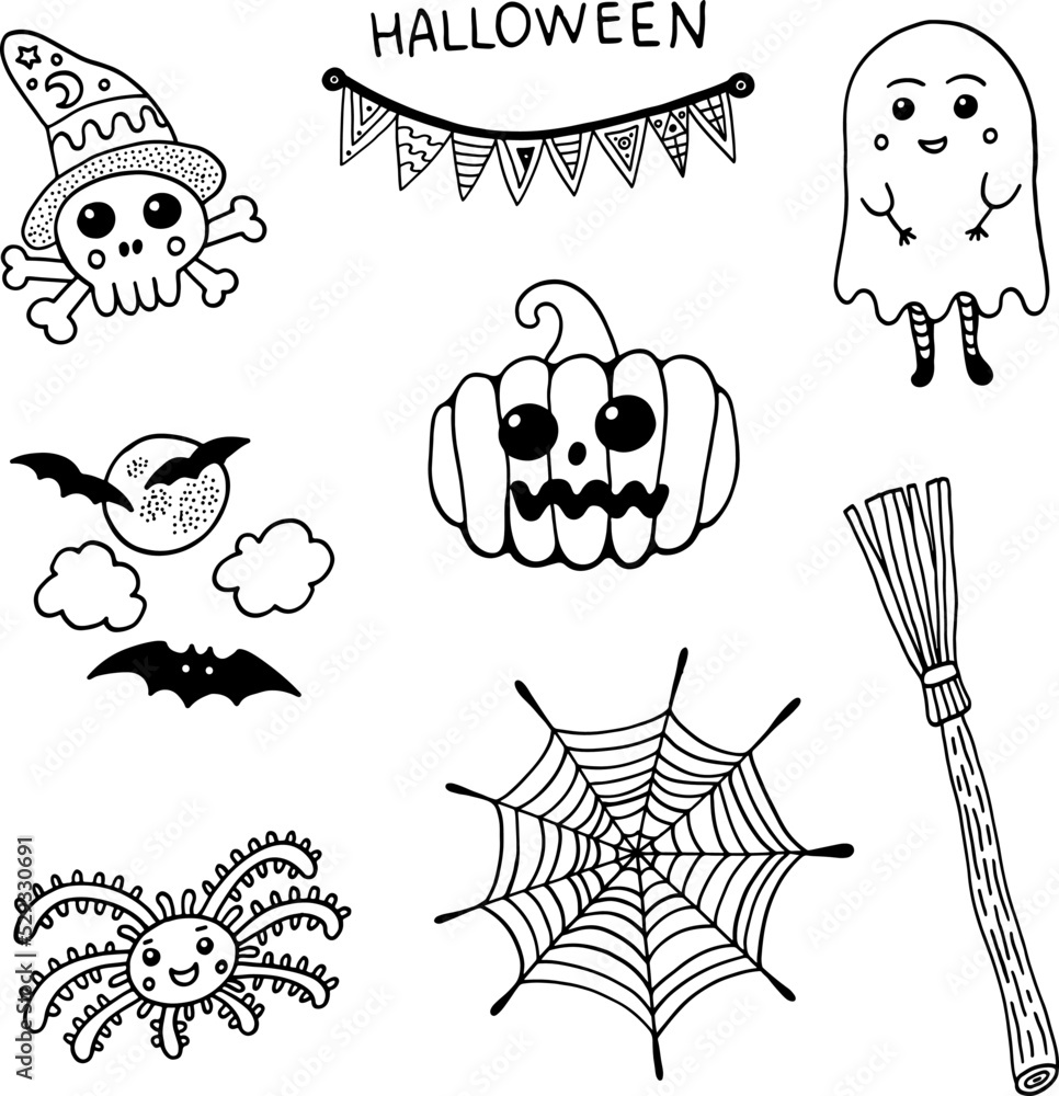 Halloween set of doodle cute stickers - ghost, pumpkin, spider, skull ...