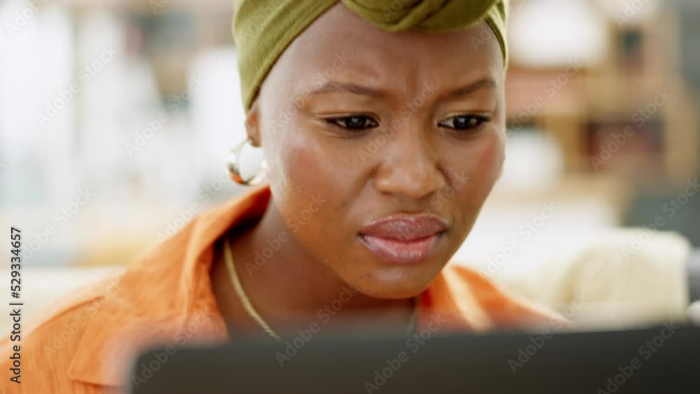 Confused black woman, angry reading email on laptop and stress with ...