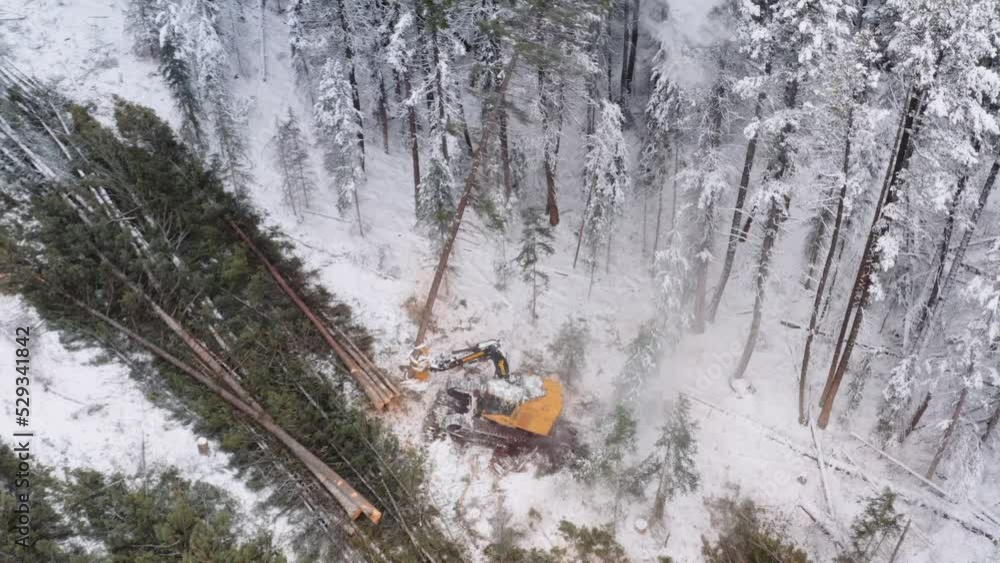 EPIC Drone pulls away and up from saw manipulator timber logging ...