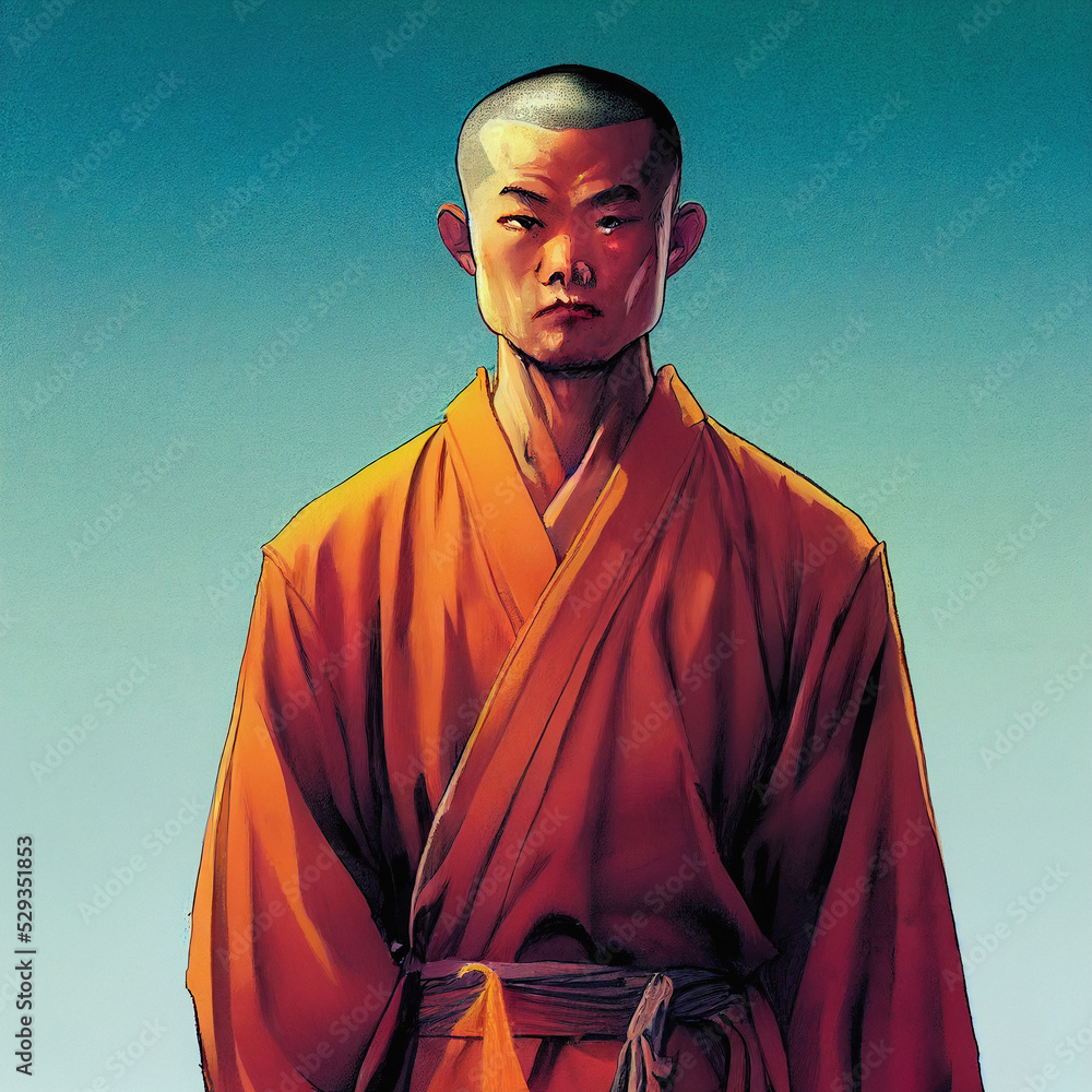 Shaolin monk portrait, cover page design, digital illustration Stock ...