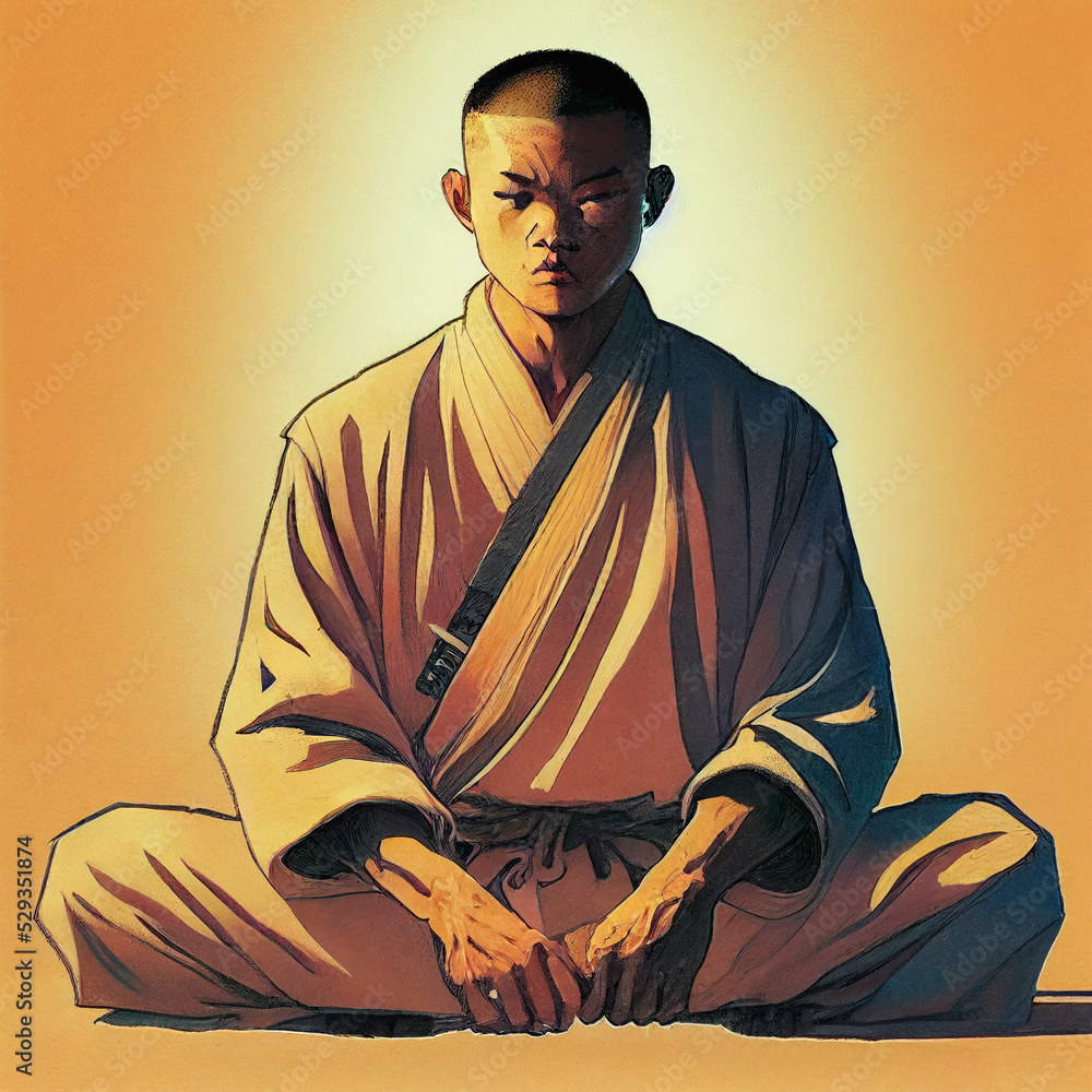 Shaolin monk portrait, cover page design, digital illustration Stock ...