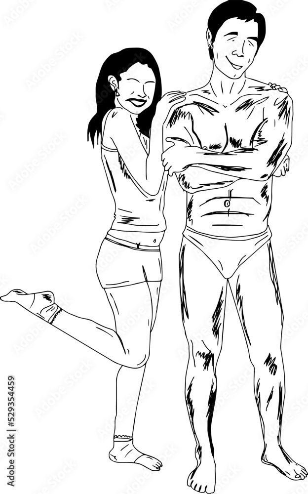 Underwear wearing men and sketch drawing, Undergarment ad line art ...