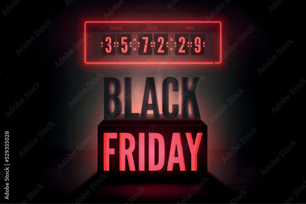 Weak spotlight beam and Black Friday 3d inscription with neon flipboard ...