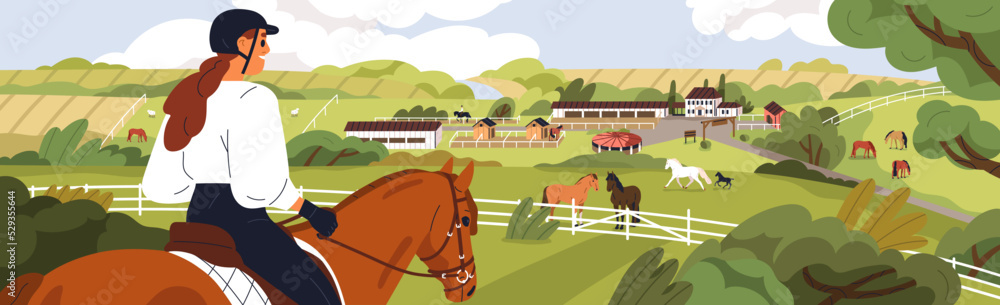 Horse farm outdoors landscape. Equine field, ranch scenery panorama ...