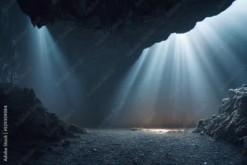 Dramatic light in dark cave landscape, mysterious and surreal, digital ...