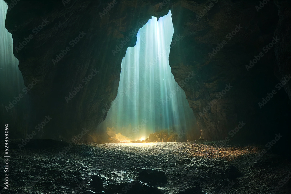 Dramatic light in dark cave landscape, mysterious and surreal, digital ...