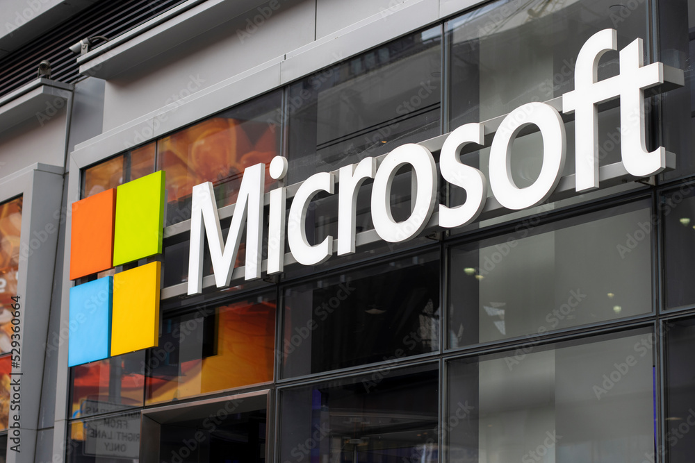 New York, NY, USA - July 5, 2022: Microsoft logo is seen at its office ...