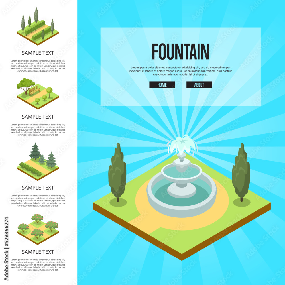 Natural parkland landscape with fountain isometric infographics. Public ...