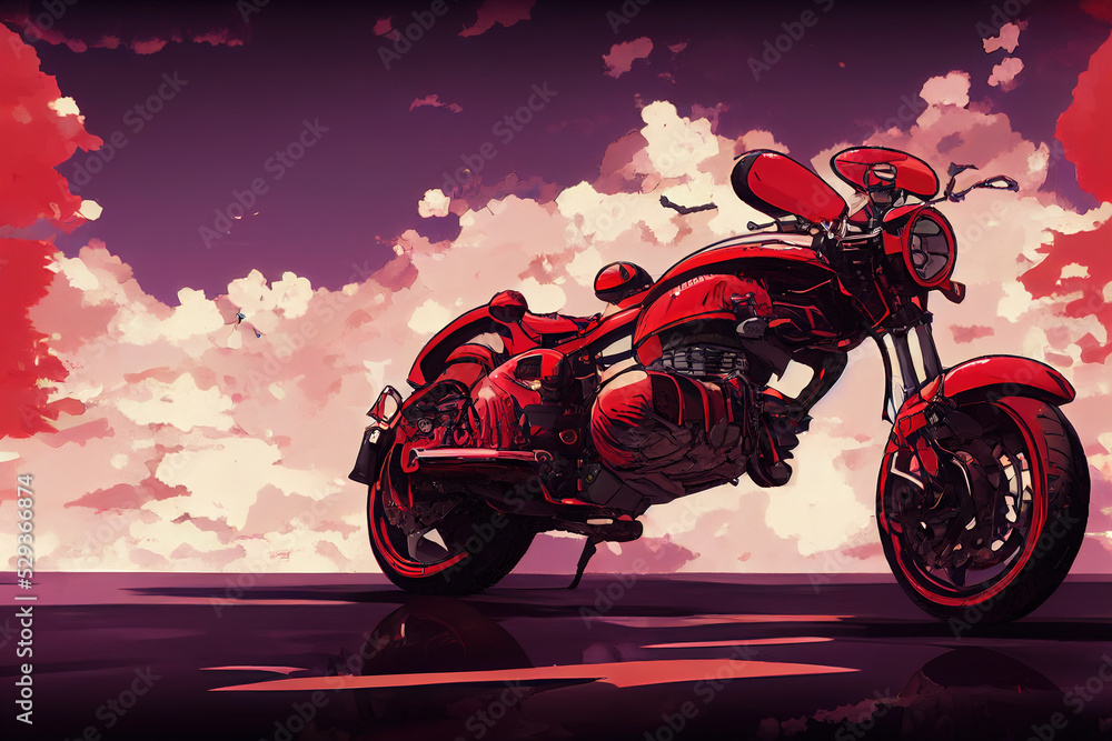 red anime motorcycle with anime clouds background. High quality 3d ...