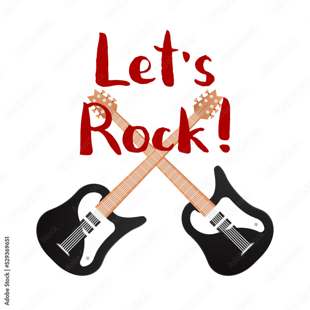 Let's rock poster with crossed acoustic guitars in flat style. Music ...