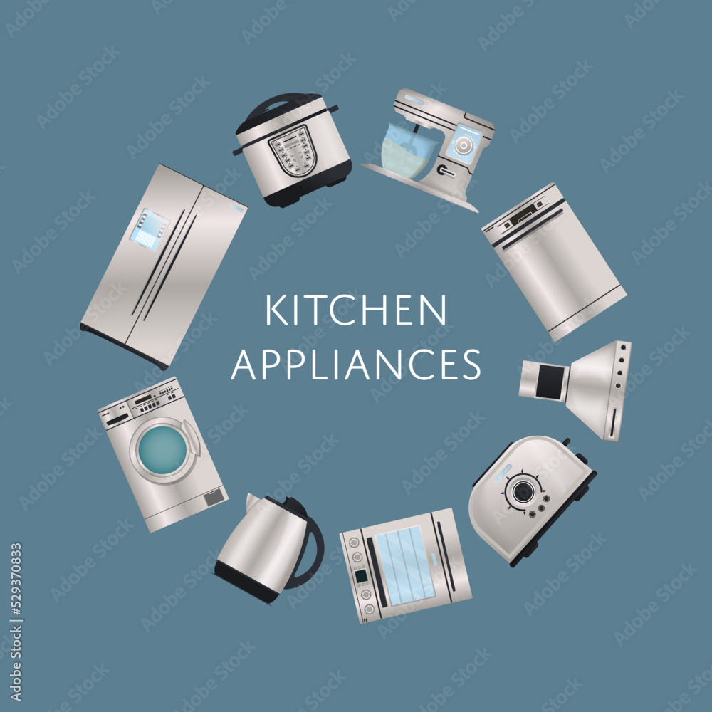 Modern kitchen appliances poster. Refrigerator, washing machine ...