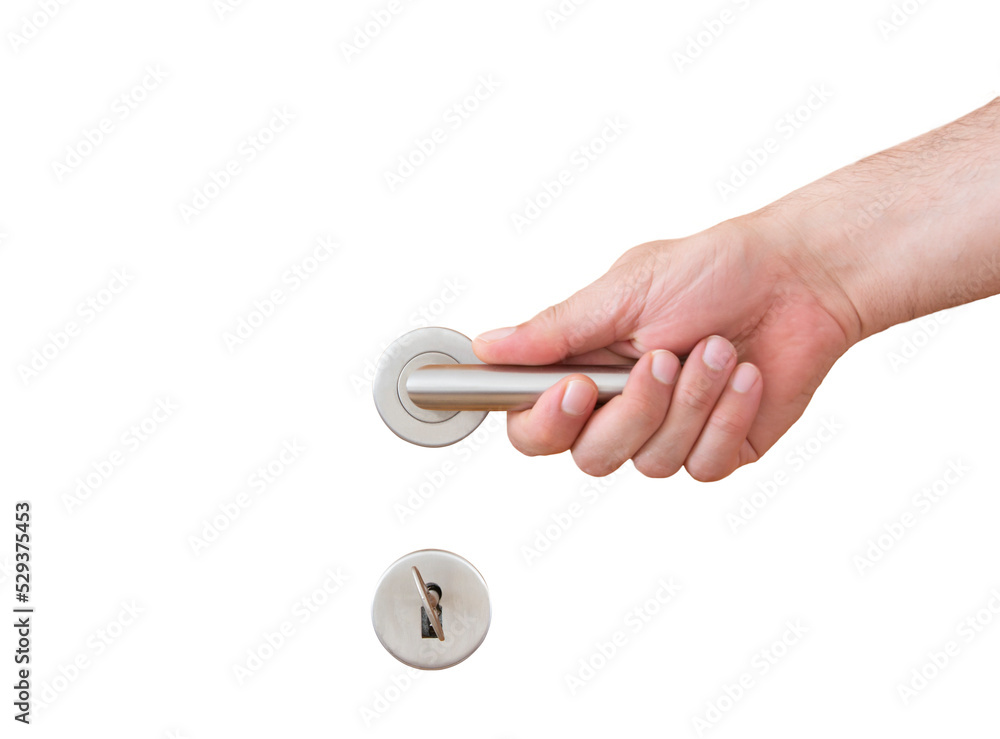 hand holding metal door handle. Front view Stock Photo | Adobe Stock