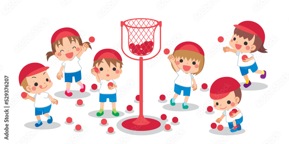 運動会で玉入れをしている可愛い小さな子供たちのイラスト 白背景 クリップアート ベクター Stock Vector Adobe Stock