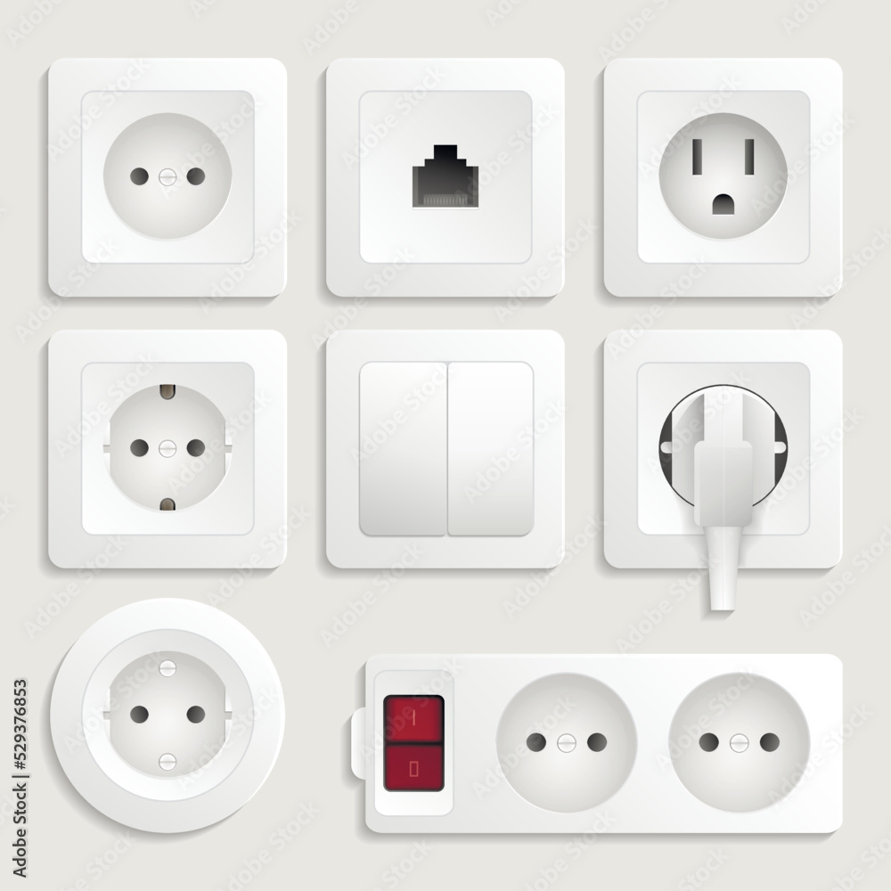 Realistic electric outlet icon set. Different type power plug and ...