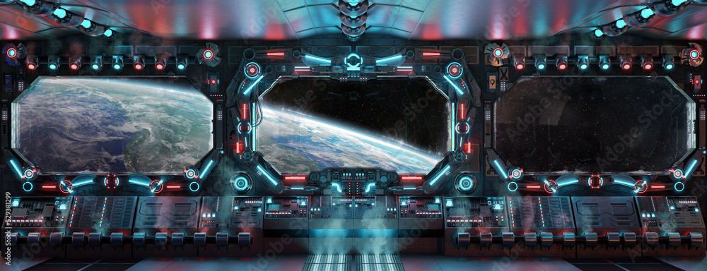 Dark spaceship interior with glowing blue and red lights. Futuristic ...