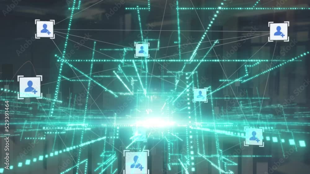 Animation of green light trails and network of profile icons over statistical data processing ...