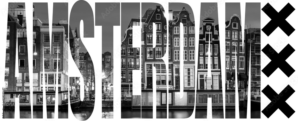 Amsterdam in letters with buildings as background Stock Photo | Adobe Stock