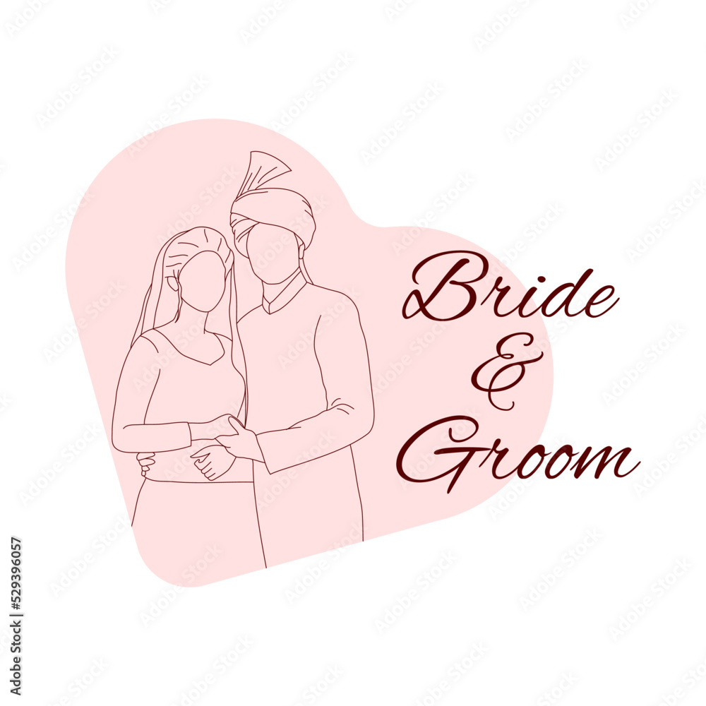 Pakistani wedding couple outline illustration with heart shape isolated ...