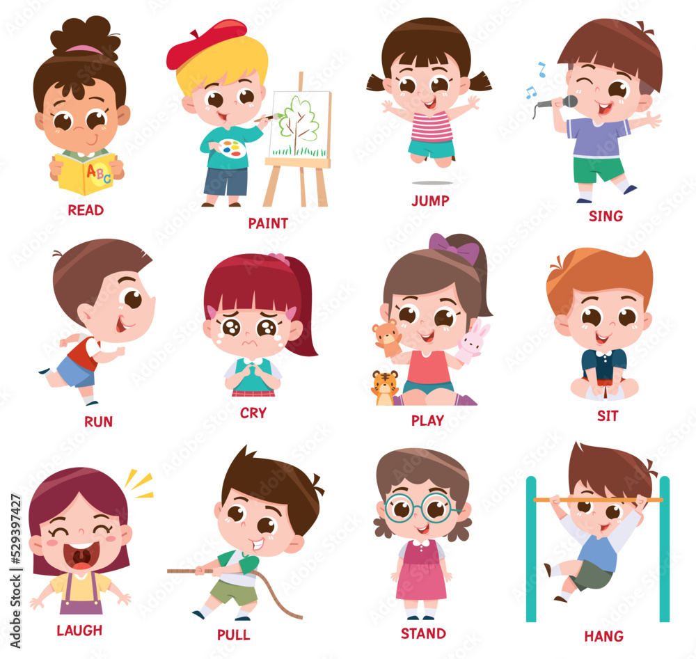Vector Illustration of Verbs Expressing Actions Set.Cartoon kids ...