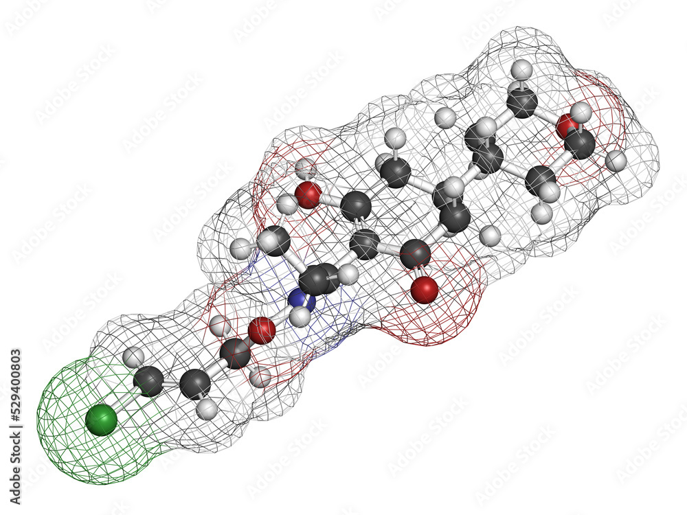 Tepraloxydim herbicide molecule. 3D rendering. Atoms are represented as ...