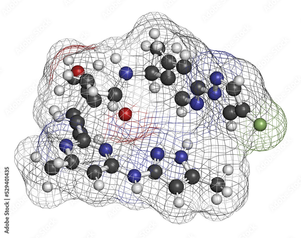 Pralsetinib cancer drug molecule. 3D rendering. Atoms are represented ...
