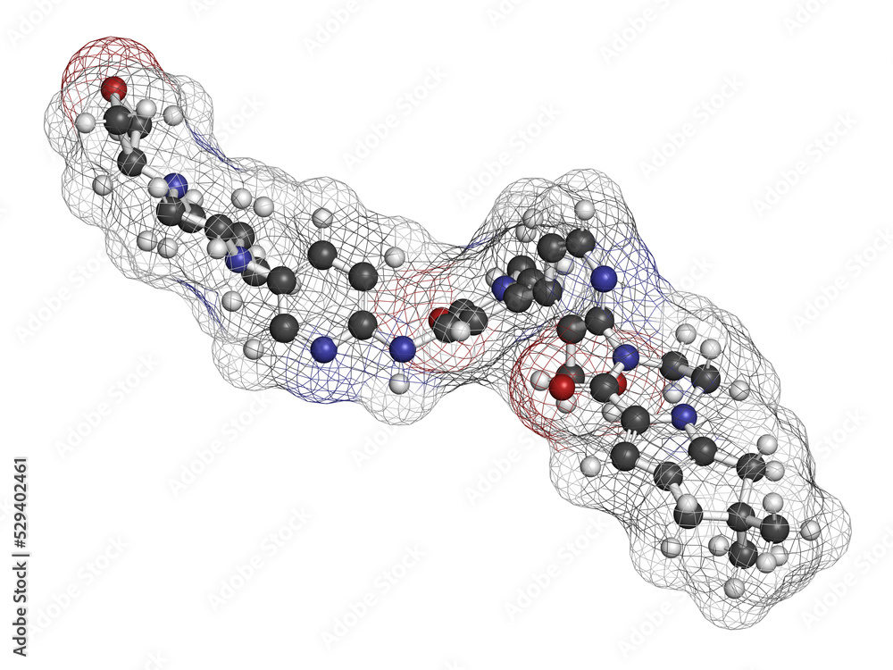 Fenebrutinib drug molecule. 3D rendering. Atoms are represented as ...