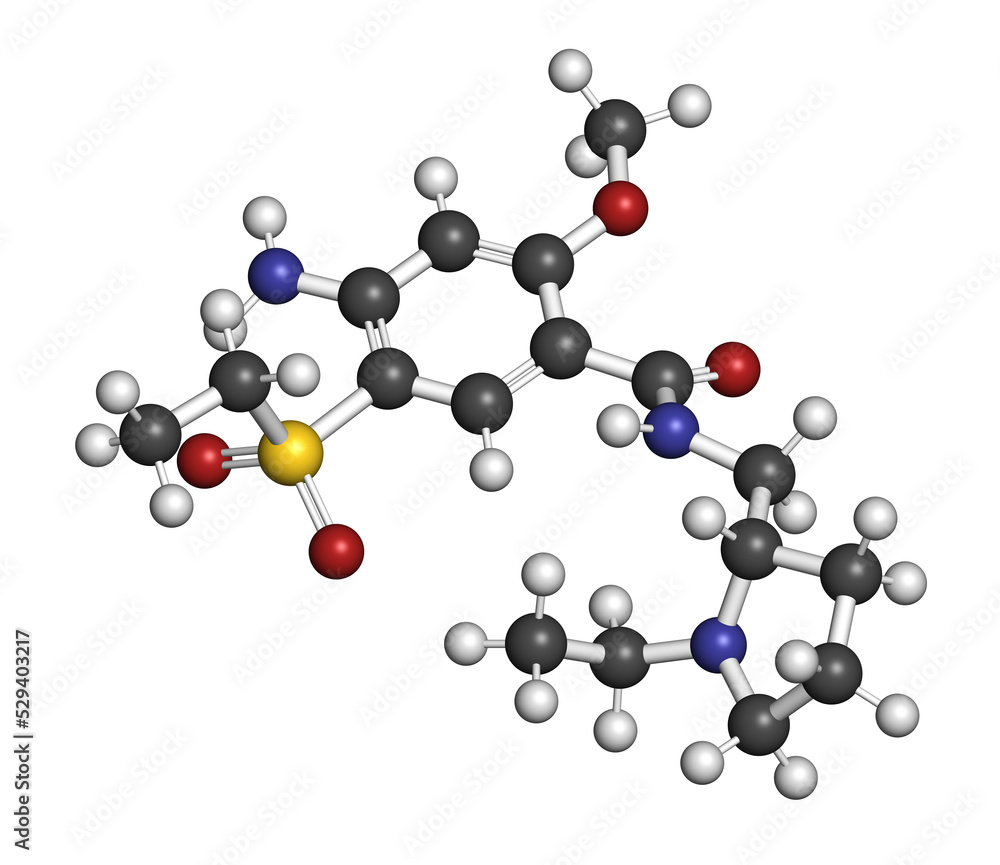 Amisulpride drug molecule. 3D rendering. Atoms are represented as ...