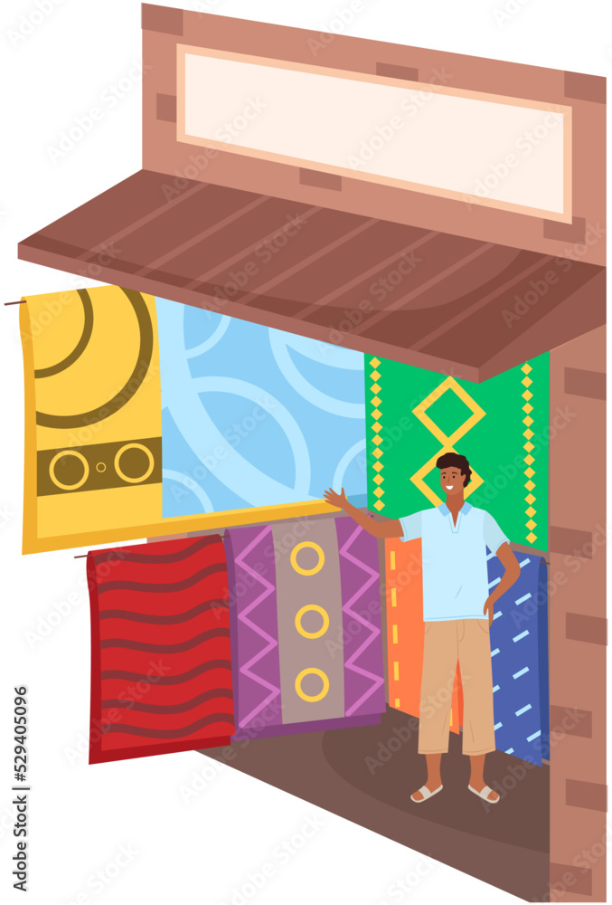 Indian street bazaar with people and shops carpets and textile. Asian ...